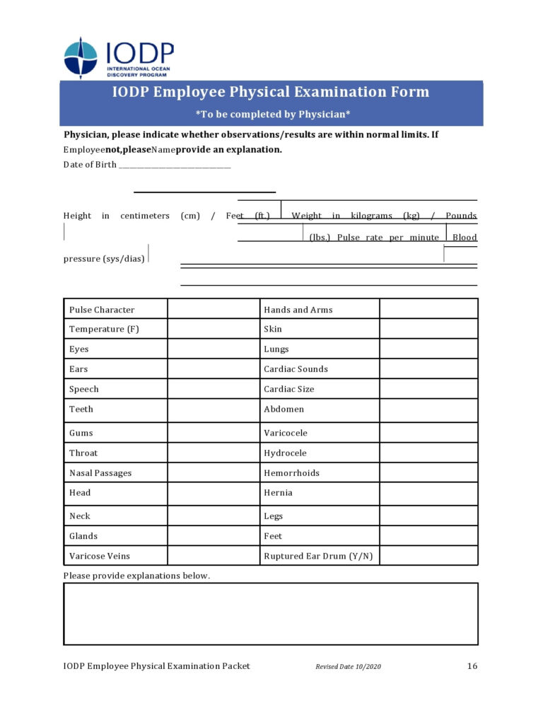 Free Printable Annual Physical Exam Form | Printable Labels